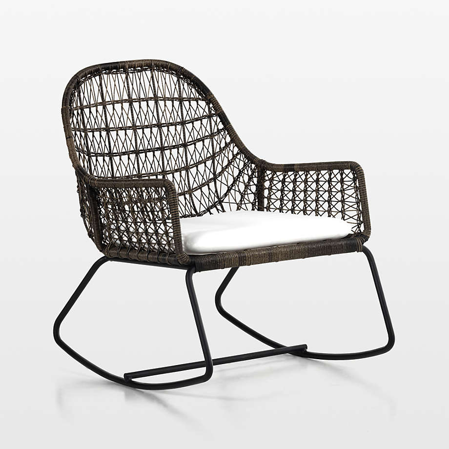 Abie Black Wicker Outdoor Rocking Chair with White Cushion | Crate & Barrel