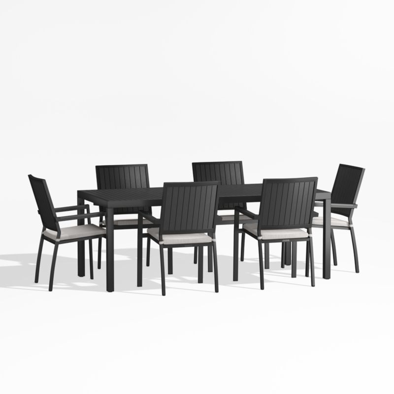 Alfresco 78" Black Metal Outdoor Dining Table Set with Silver Sunbrella ...