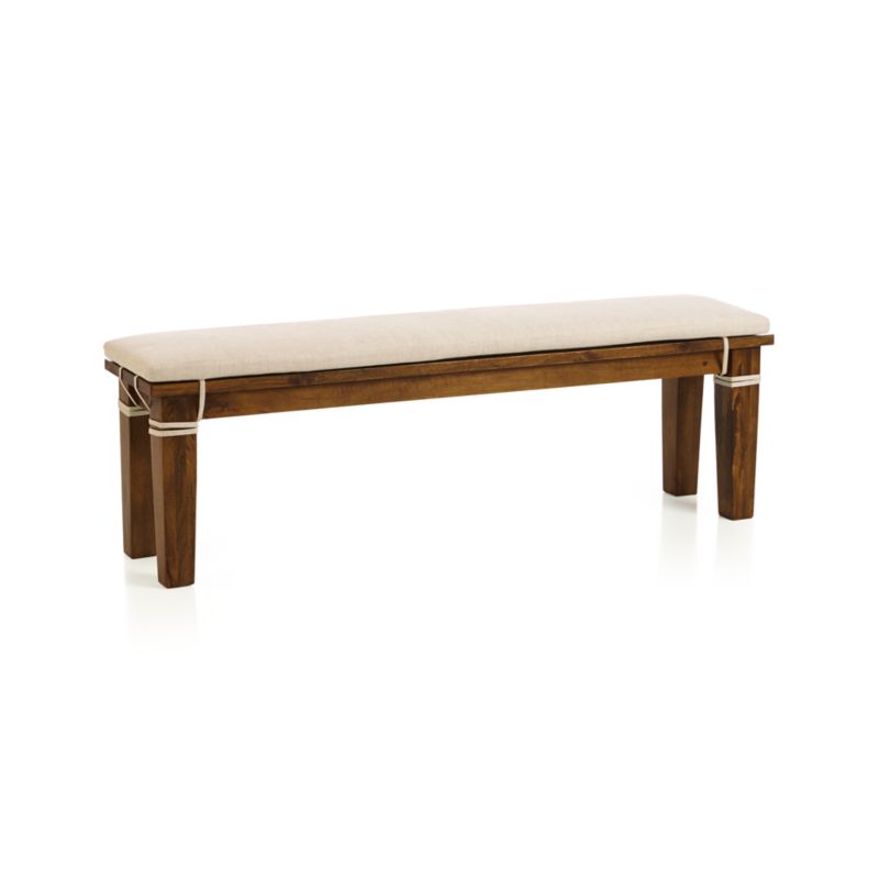Basque 62" Honey Wood Bench with Natural Cushion + Reviews | Crate & Barrel
