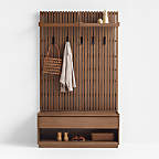 Batten Brown Oak Storage Bench and Panel Set with Flat Shelf and Coat ...