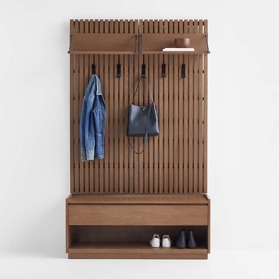 Batten Brown Oak Storage Bench and Panel Set with Reversible Shelf ...