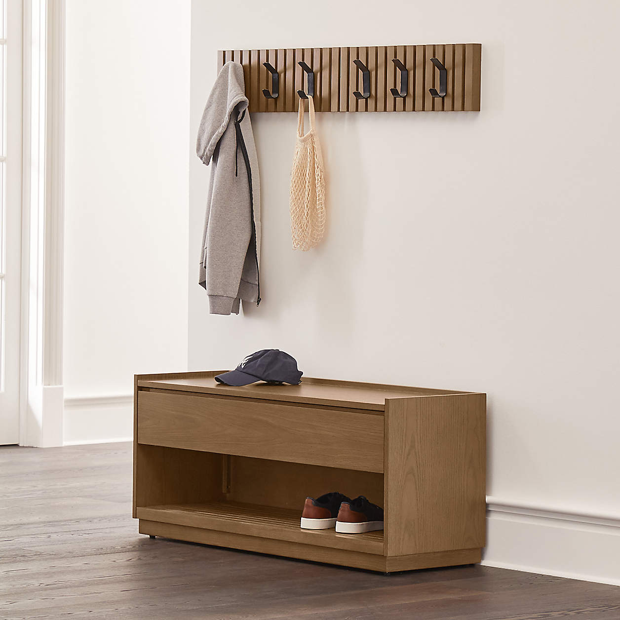 Batten Brown Oak Storage Bench and 2 Wall-Mounted Coat Racks | Crate ...