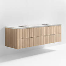 Batten 72" White Marble Top and Oak Wood Double Sink Floating Vanity ...