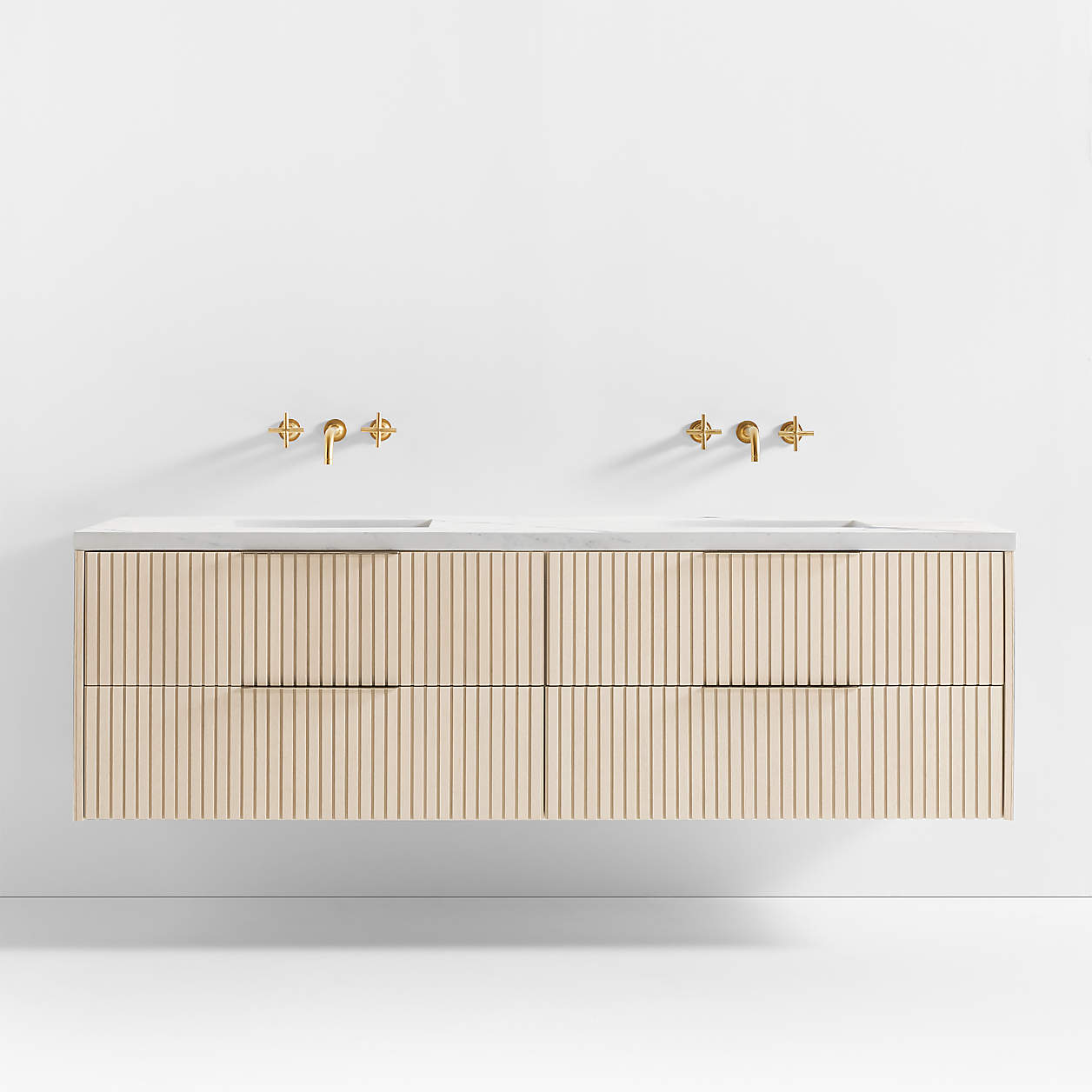 Batten 72" White Marble Top and Oak Wood Double Sink Floating Vanity ...