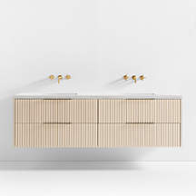 Batten 72" White Marble Top and Oak Wood Double Sink Floating Vanity ...