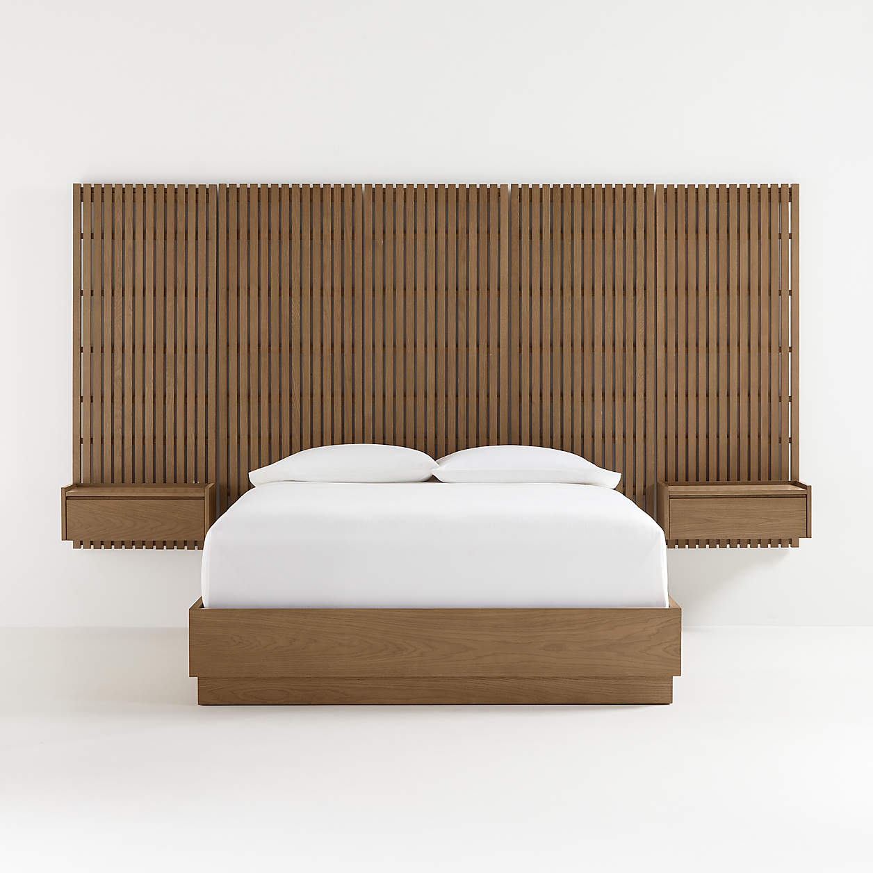 Batten Brown Oak Queen Plinth-Base Bed, Panels and Nightstands ...