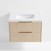 Batten 30" White Marble Top and Oak Wood Single Sink Floating Vanity ...