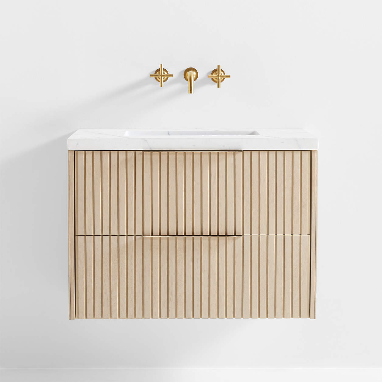 Batten 30" White Marble Top and Oak Wood Single Sink Floating Vanity ...