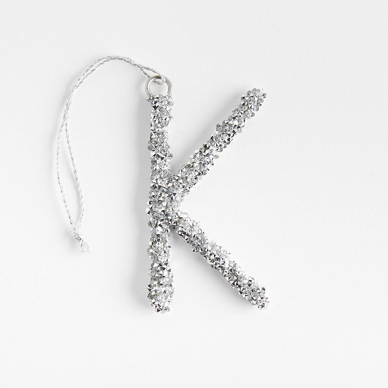 Silver Beaded "K" Letter Christmas Tree Ornament | Crate and Barrel