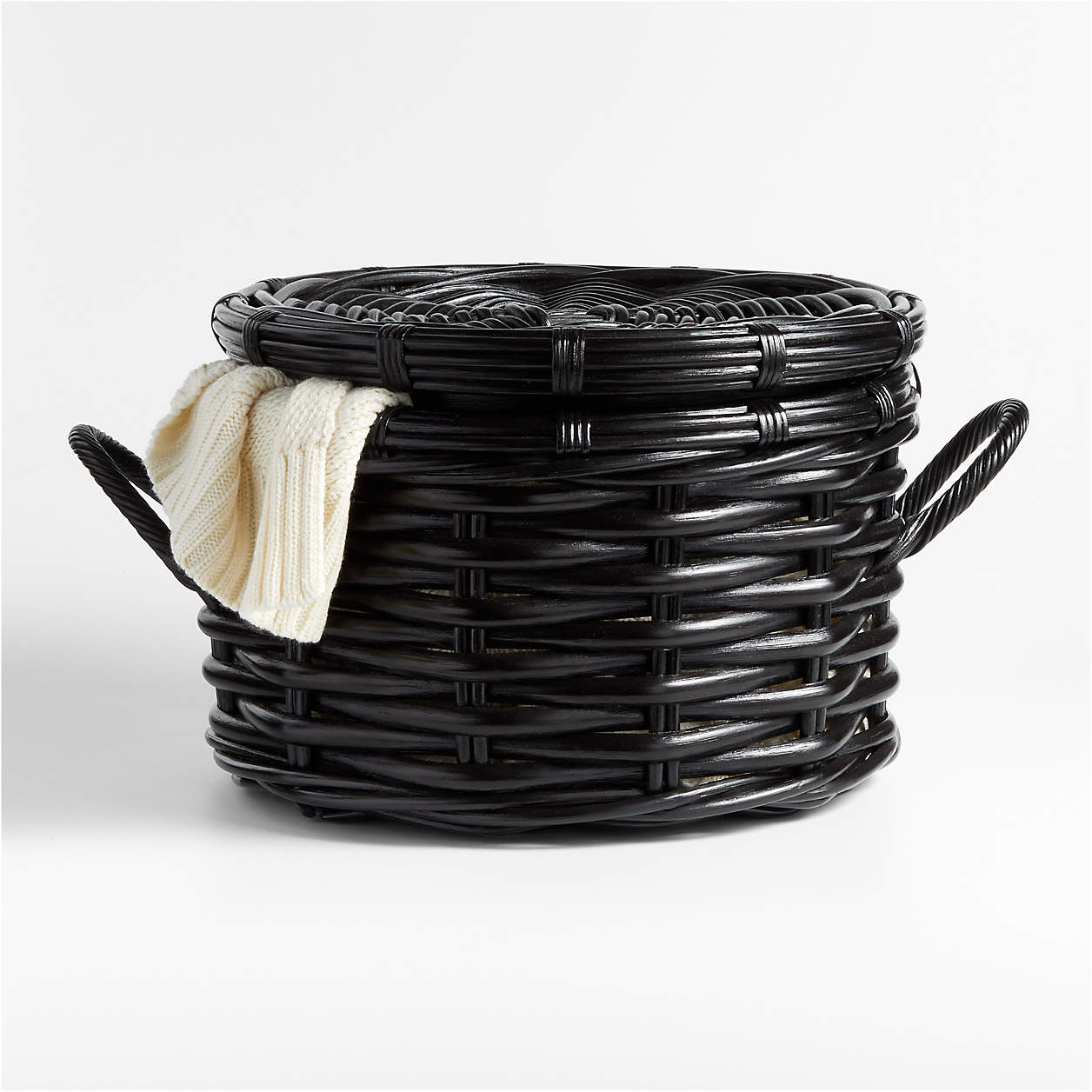 Medium Black Woven Rattan Basket withLid | Crate & Barrel