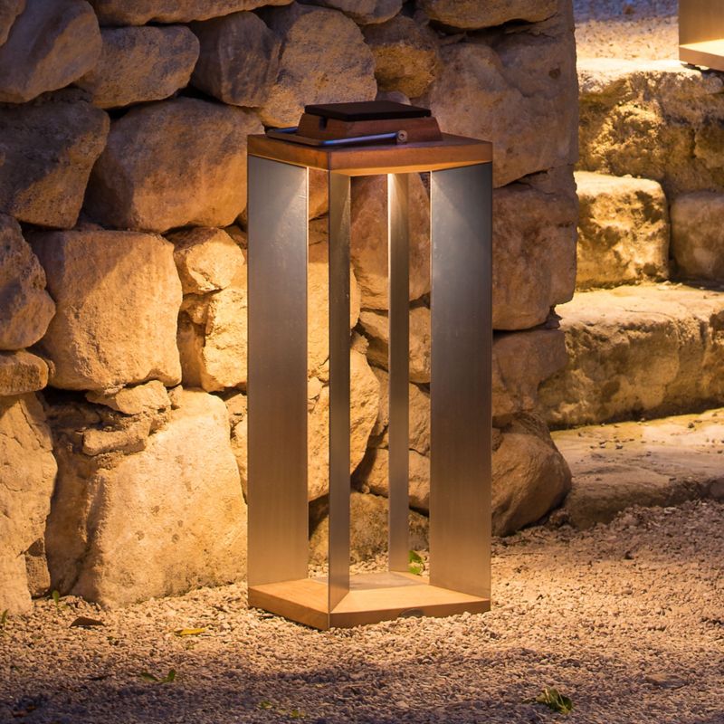 Blade Teak and Stainless Steel LED Solar Outdoor Lantern 26" | Crate ...