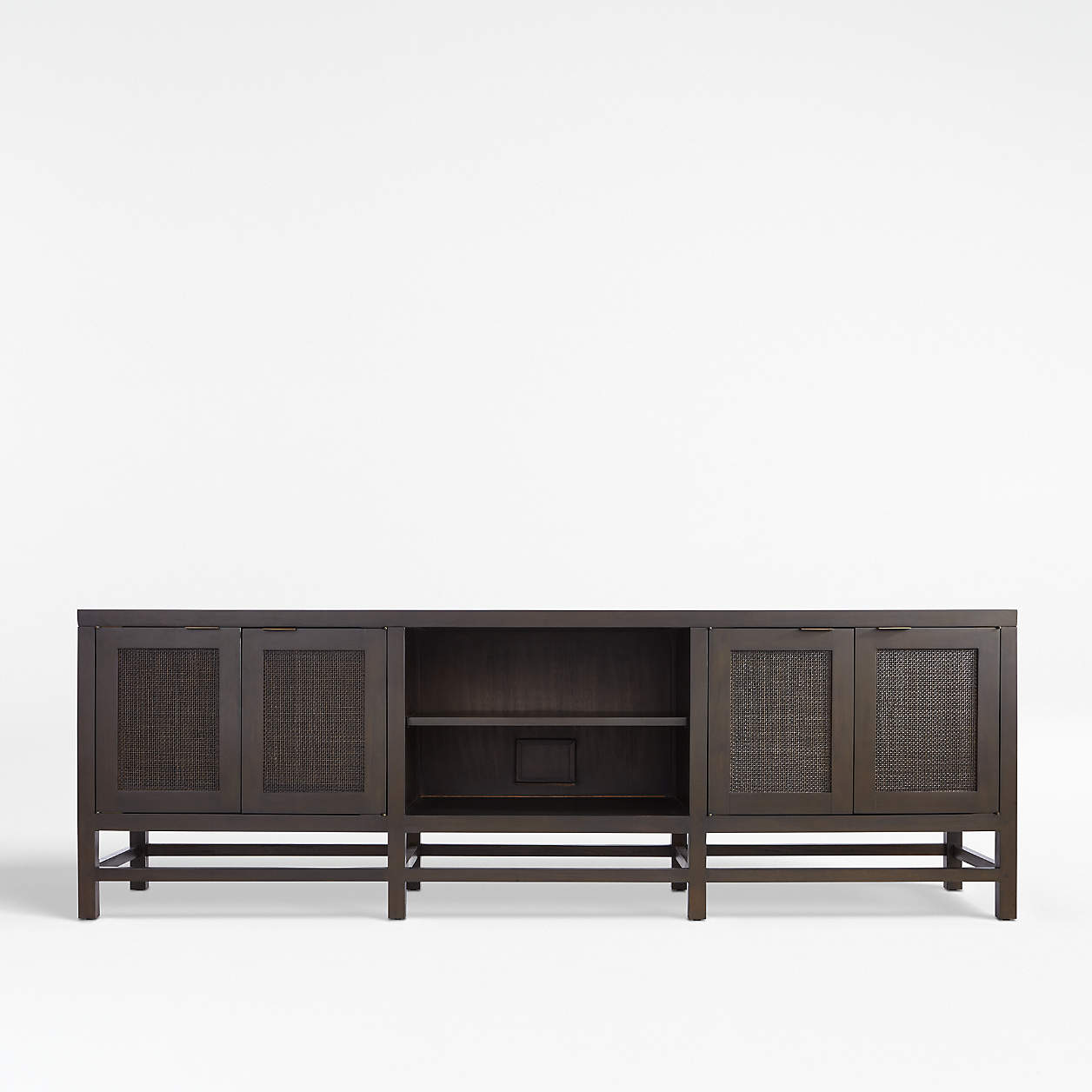 Blake 85" Dark Brown and Rattan Storage Media Console | Crate & Barrel
