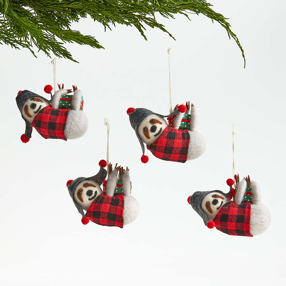 Boiled Wool Holiday Sloth Christmas Tree Ornaments, Set of 4 | Crate ...