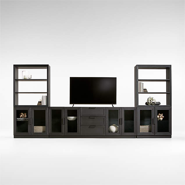 Calypso Natural Elm Wood 90" Storage Media Console with 2 Modular Wood ...