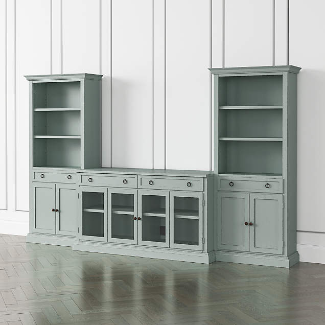 Cameo Blue Grey 4-Piece Glass and Wood Door Wall Unit with Storage ...
