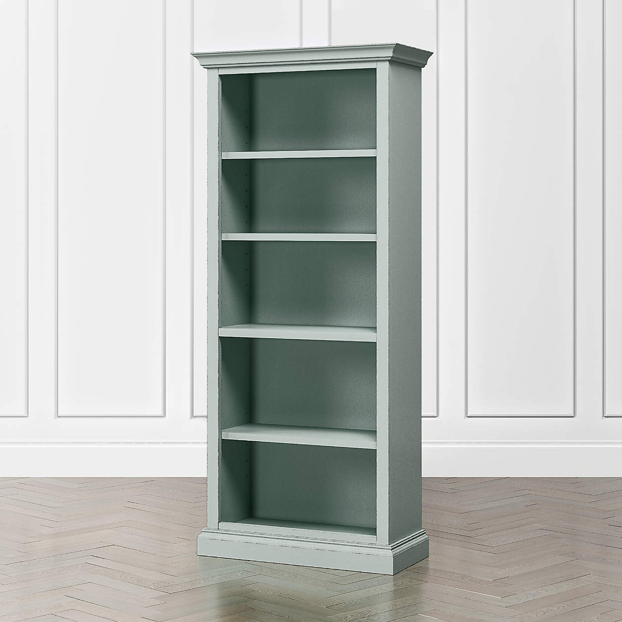 Cameo Blue Grey Open Bookcase with Full Crown + Reviews | Crate & Barrel