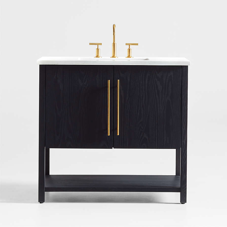 Carmen 36" White Marble Top Single Sink Black Ash Wood Vanity with ...