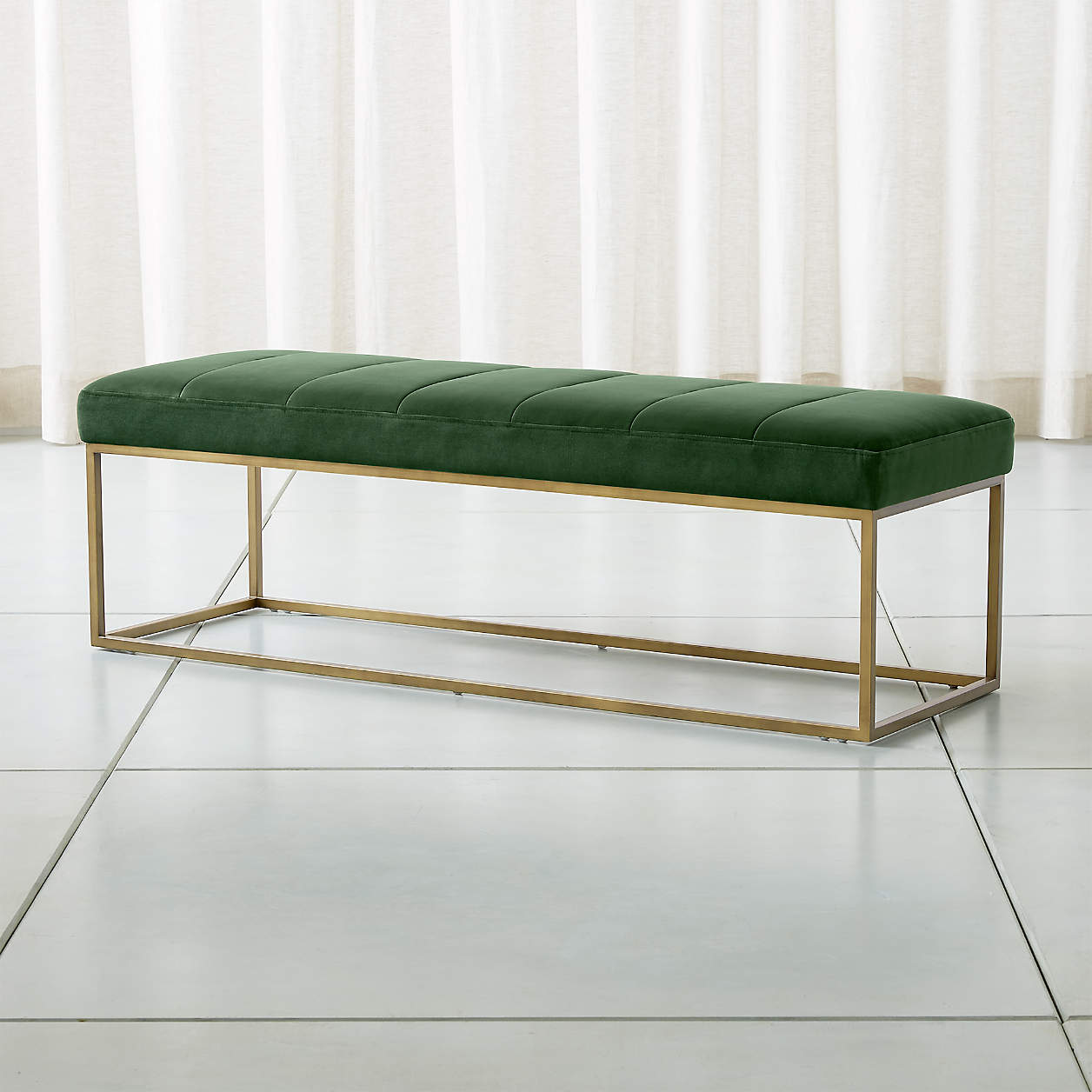 Channel Dark Green Velvet Bench with Brass Base | Crate & Barrel