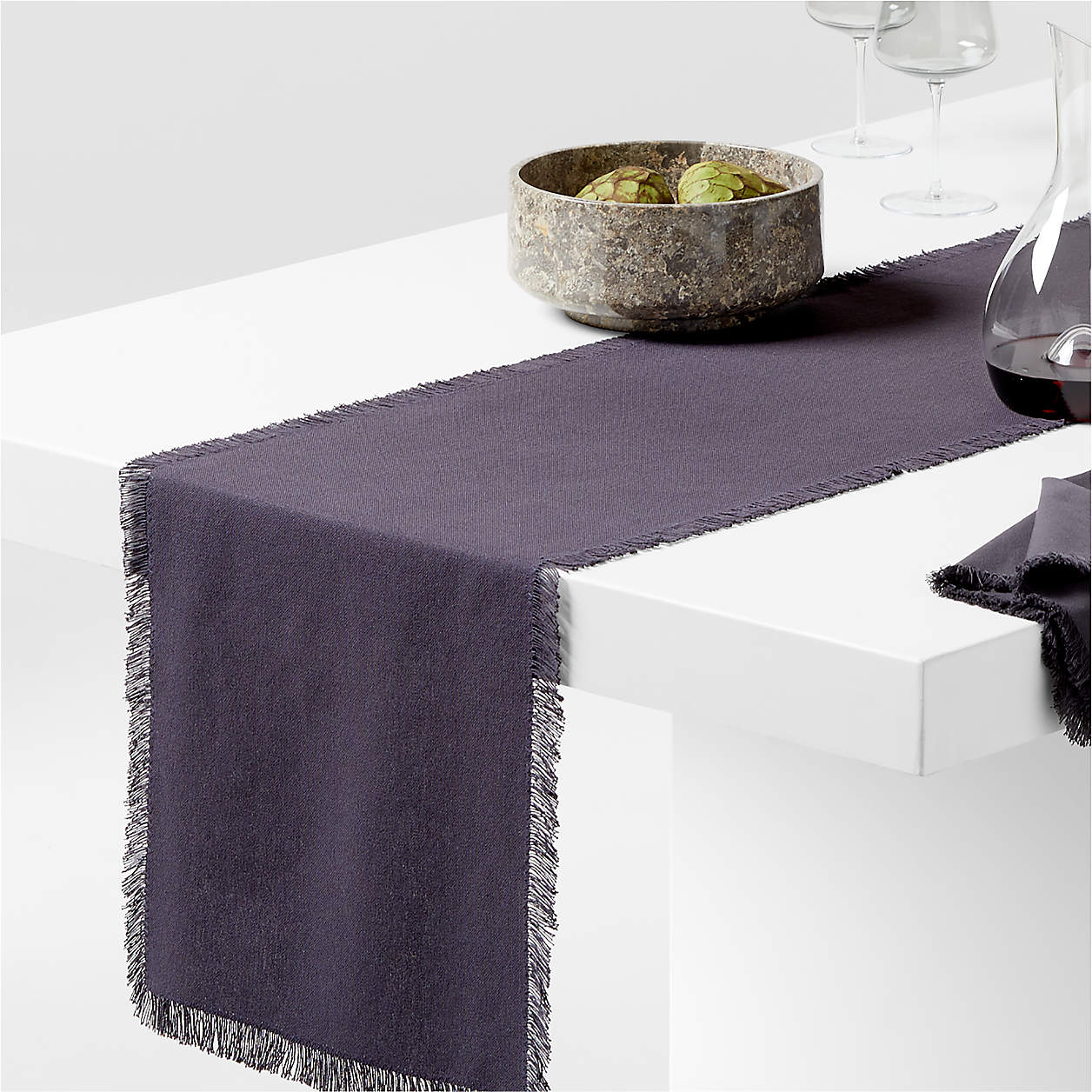 Craft 90-Inch Fringed Cotton Grey Table Runner + Reviews | Crate & Barrel