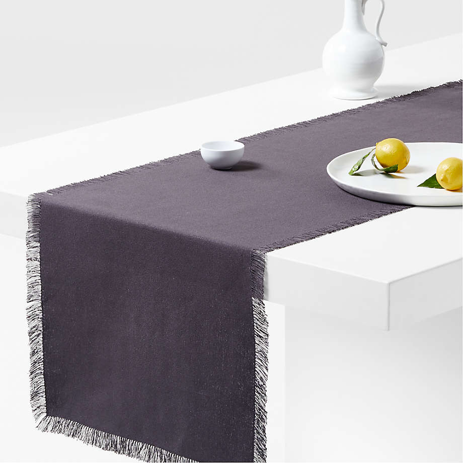 Craft 120" Storm Grey Organic Cotton Fringe Table Runner | Crate ...