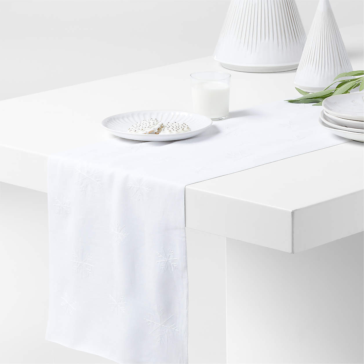 Embroidered 90" Snowflake Crisp White Linen Table Runner | Crate & Barrel