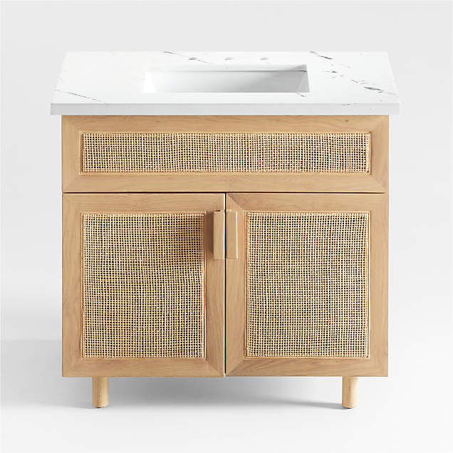 Batten 30" White Marble Top and Oak Wood Single Sink Floating Vanity ...