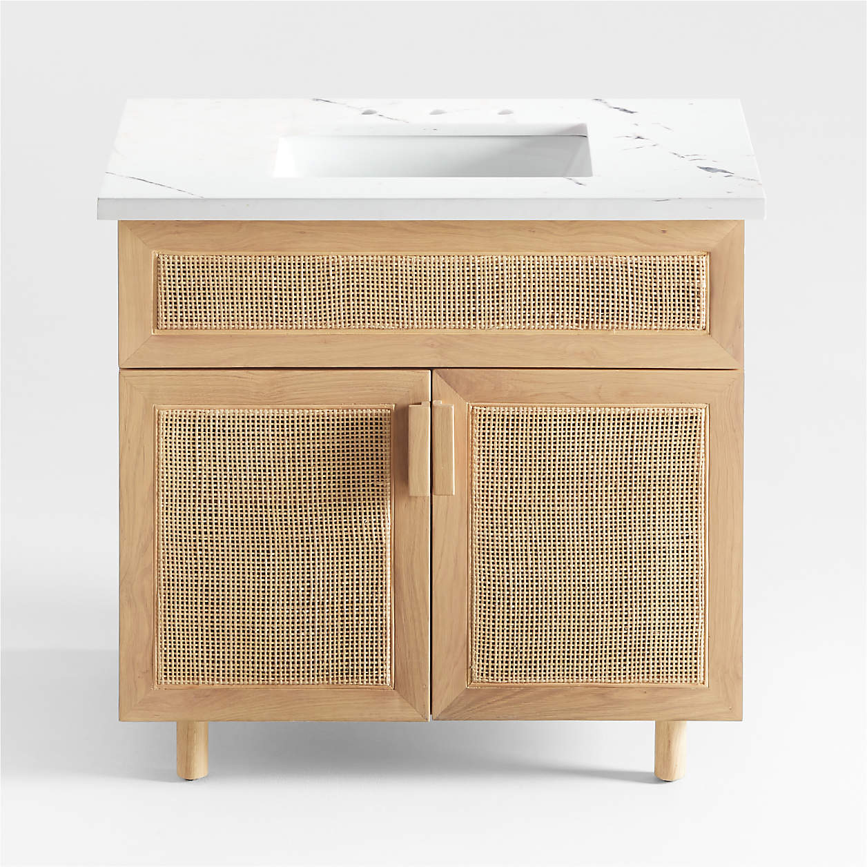 Eli 36" White Marble Top Single Sink Vanity with Cane and Natural Oak Wood Doors | Crate ...