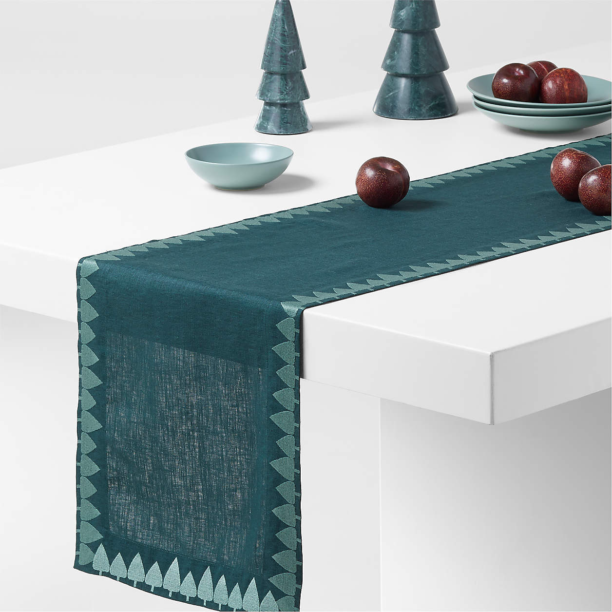 Embroidered Trees 90" Pine Green Christmas Table Runner | Crate & Barrel