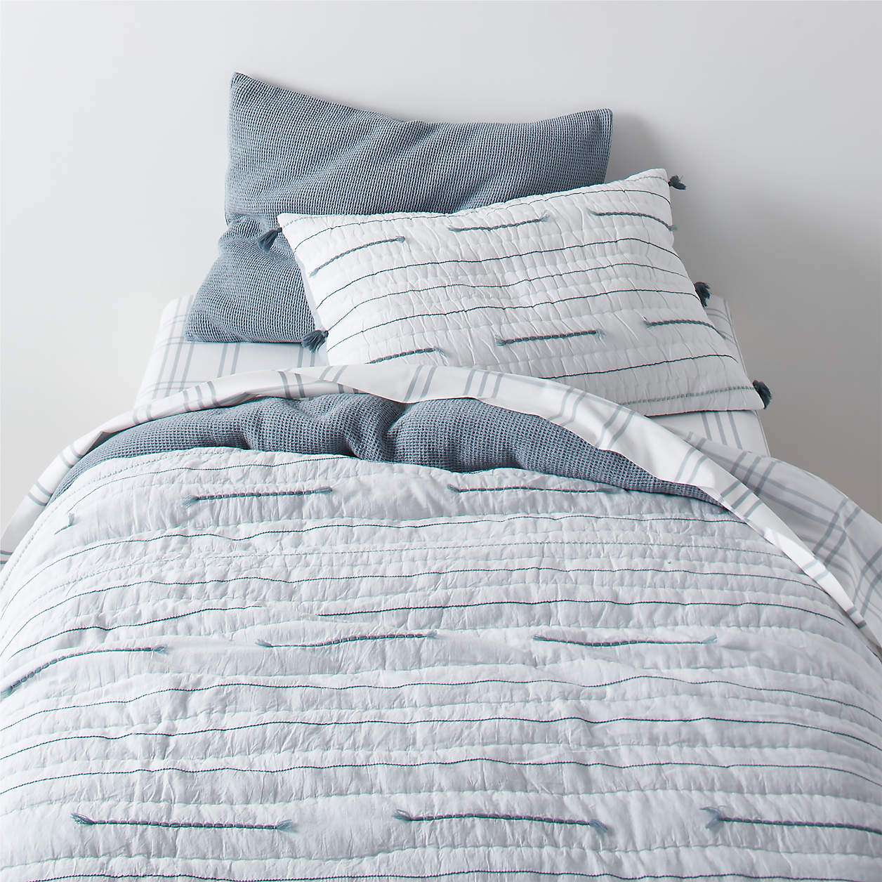Mist Blue Embroidered Texture Stripe Voile Kids Full/Queen Quilt ...