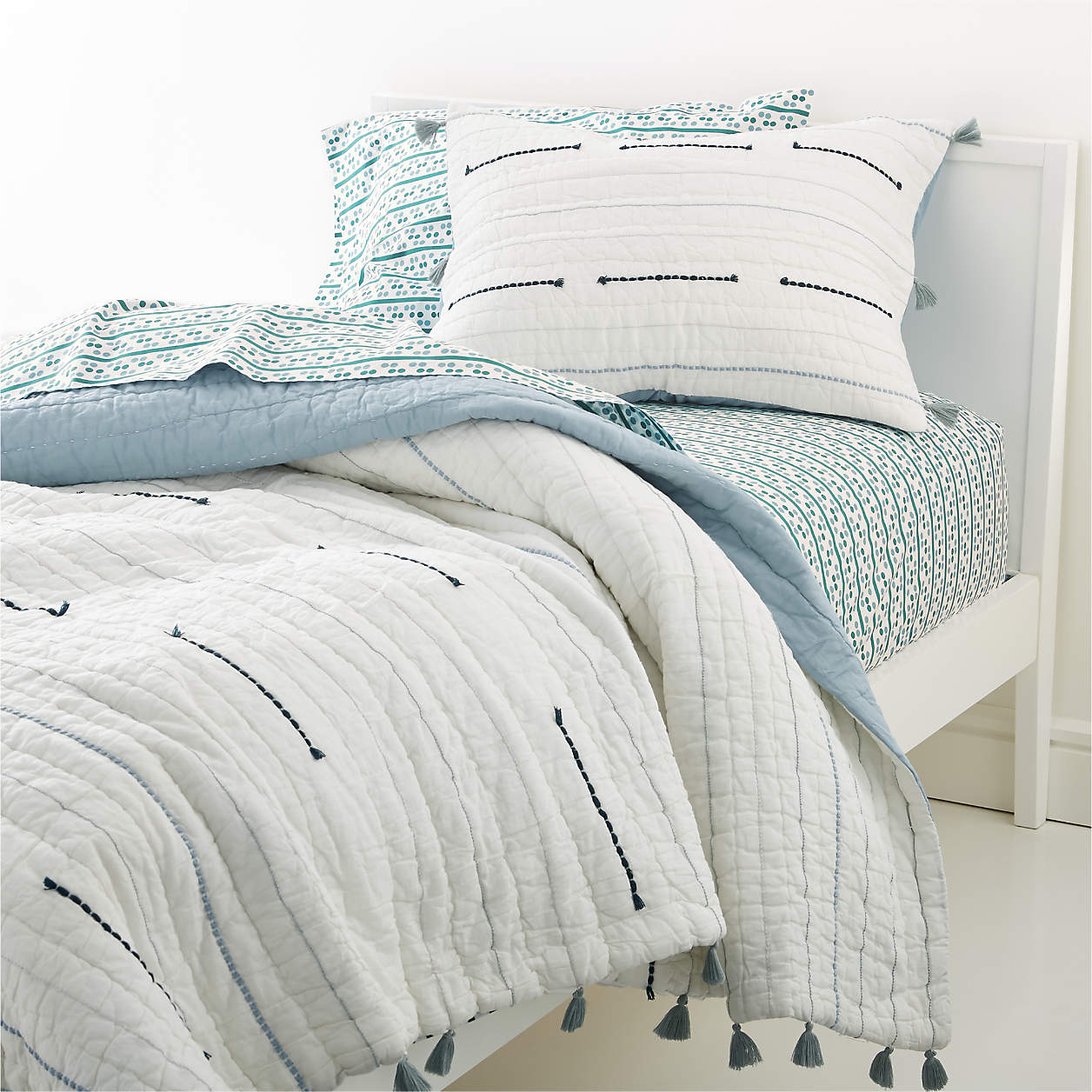Blue Embroidered Texture Stripe Voile Kids Quilt | Crate & Kids