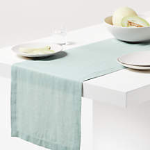Marin 120" Quiet Blue European Flax -Certified Linen Table Runner + Reviews | Crate & Barrel