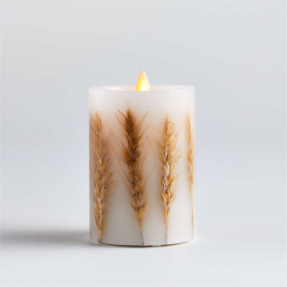 Flickering Flameless Wheat Inclusion Wax Pillar Candles | Crate & Barrel