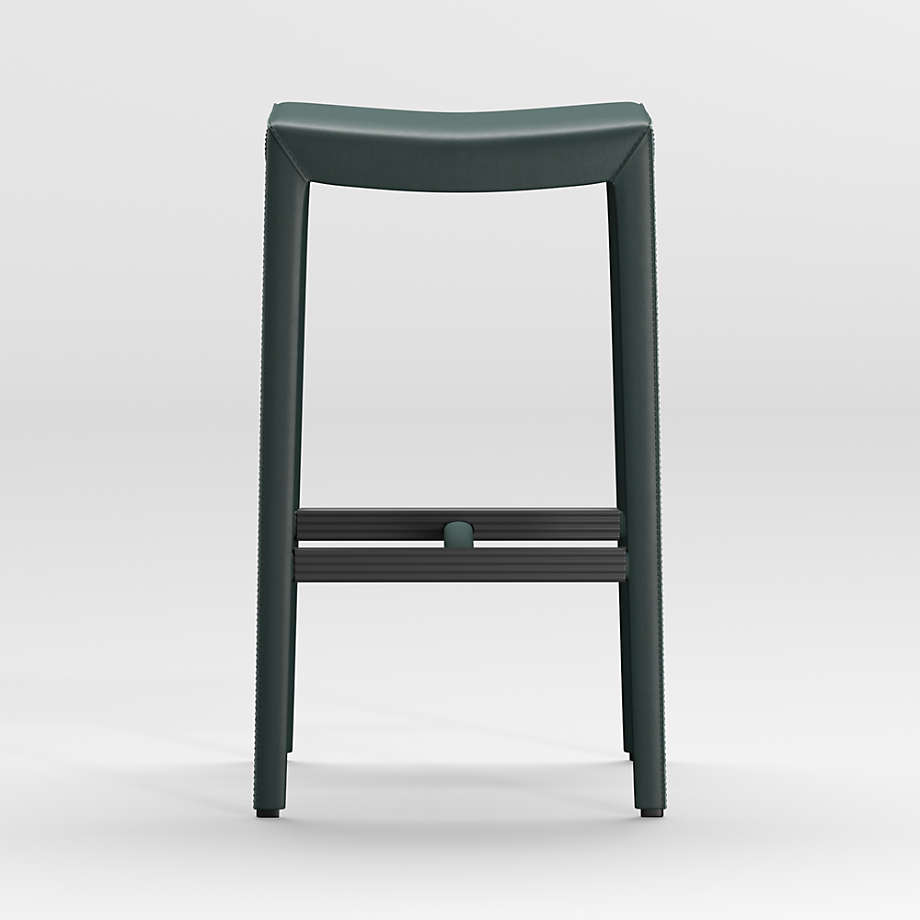 Folio Dark Green Top-Grain Leather Backless Bar Stool | Crate & Barrel