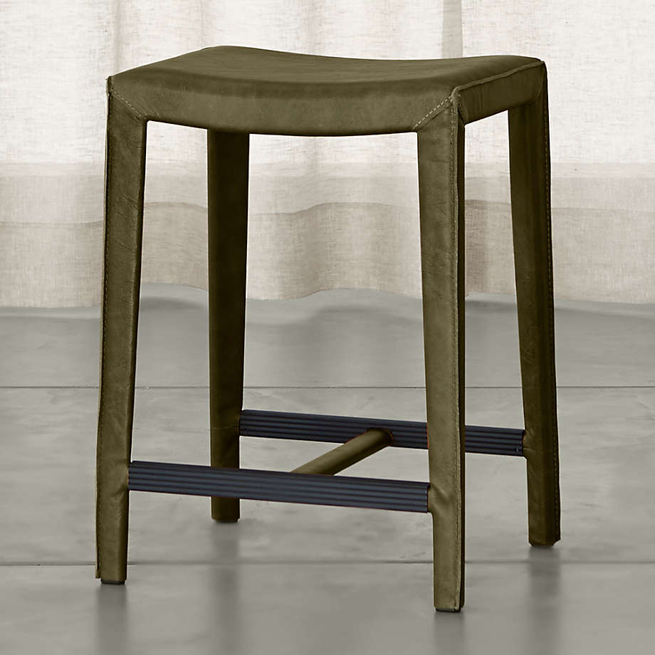 Folio Olive Green Top-Grain Leather Backless Counter Stool | Crate & Barrel