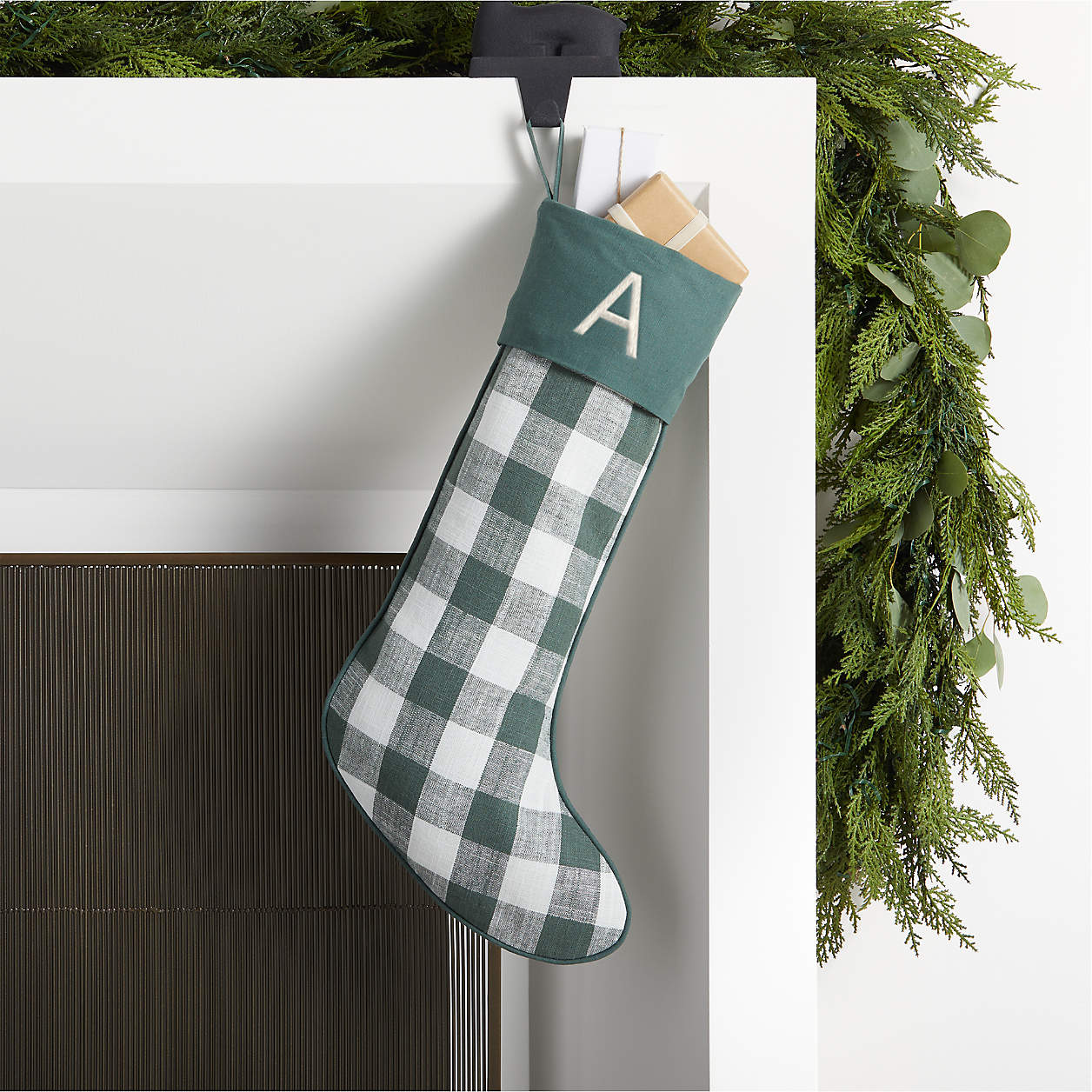 Green Linen-Cotton Blend Gingham Personalized Christmas Stocking ...