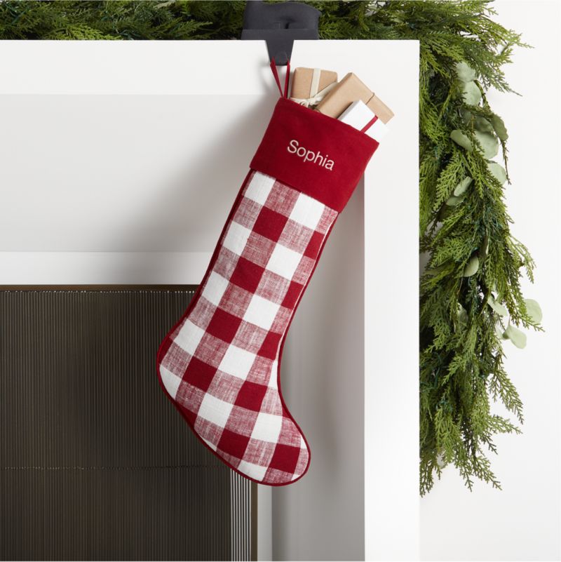 Red Linen-Cotton Blend Gingham Christmas Stocking | Crate & Barrel