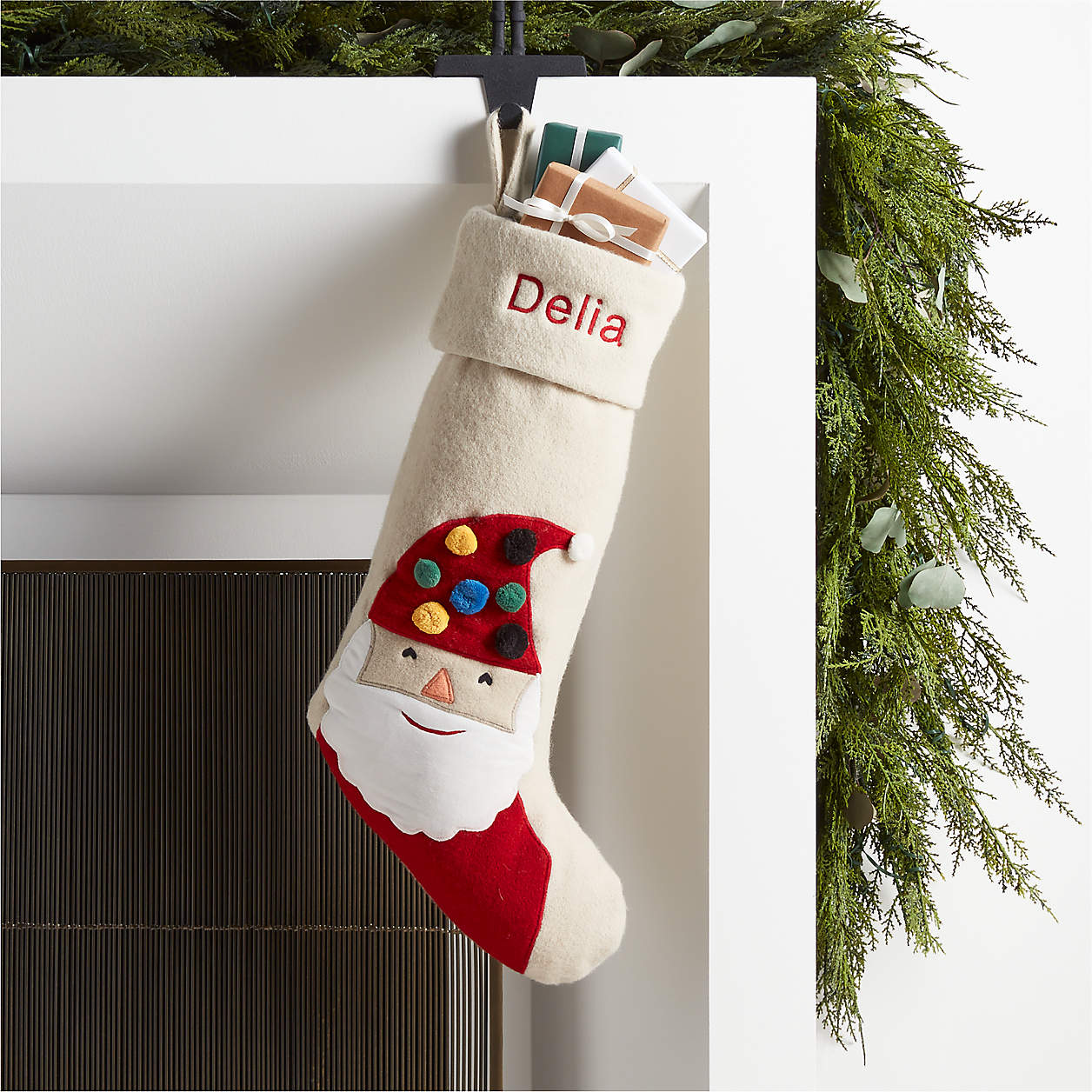 Ivory Felt Santa Kids Christmas Stocking | Crate & Kids