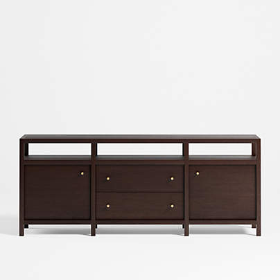Pollard 78" Tan Oak Wood Storage Media Console | Crate & Barrel