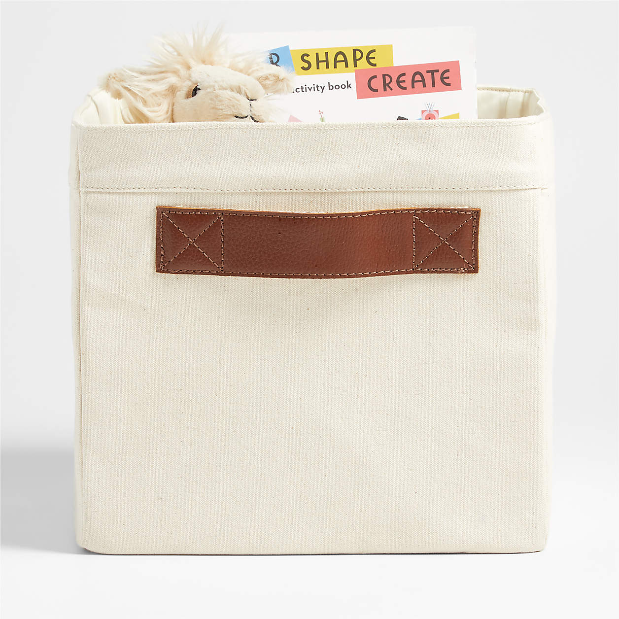 Canvas Video Game Shelf Storage Bin with Brown Leather Handles ...