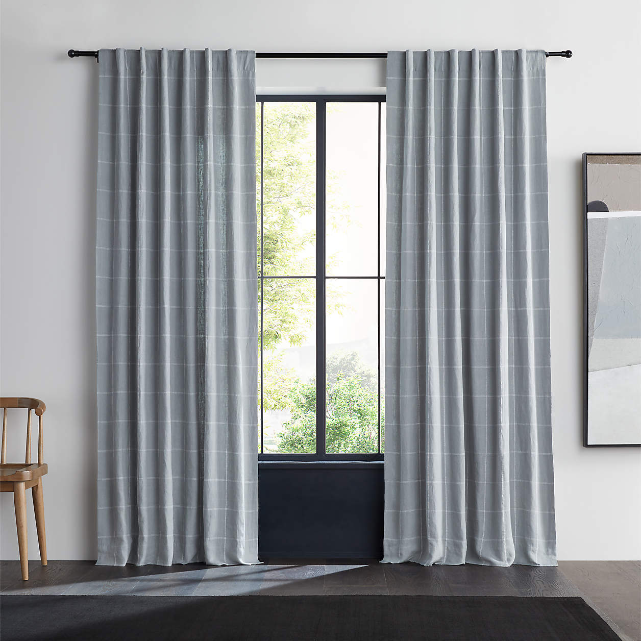 Mist Blue & Crisp White Linen Double Pinstripe Grid Window Curtain ...