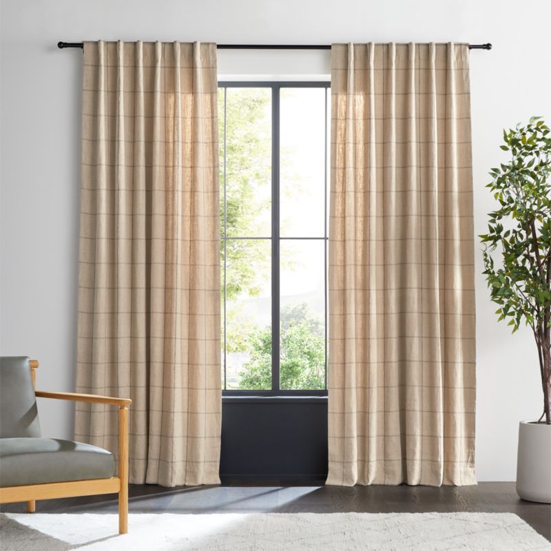 Warm Beige Storm Grey Linen Double Pinstripe Grid Blackout Window Curtain Panel 52 x84 Reviews Crate Barrel
