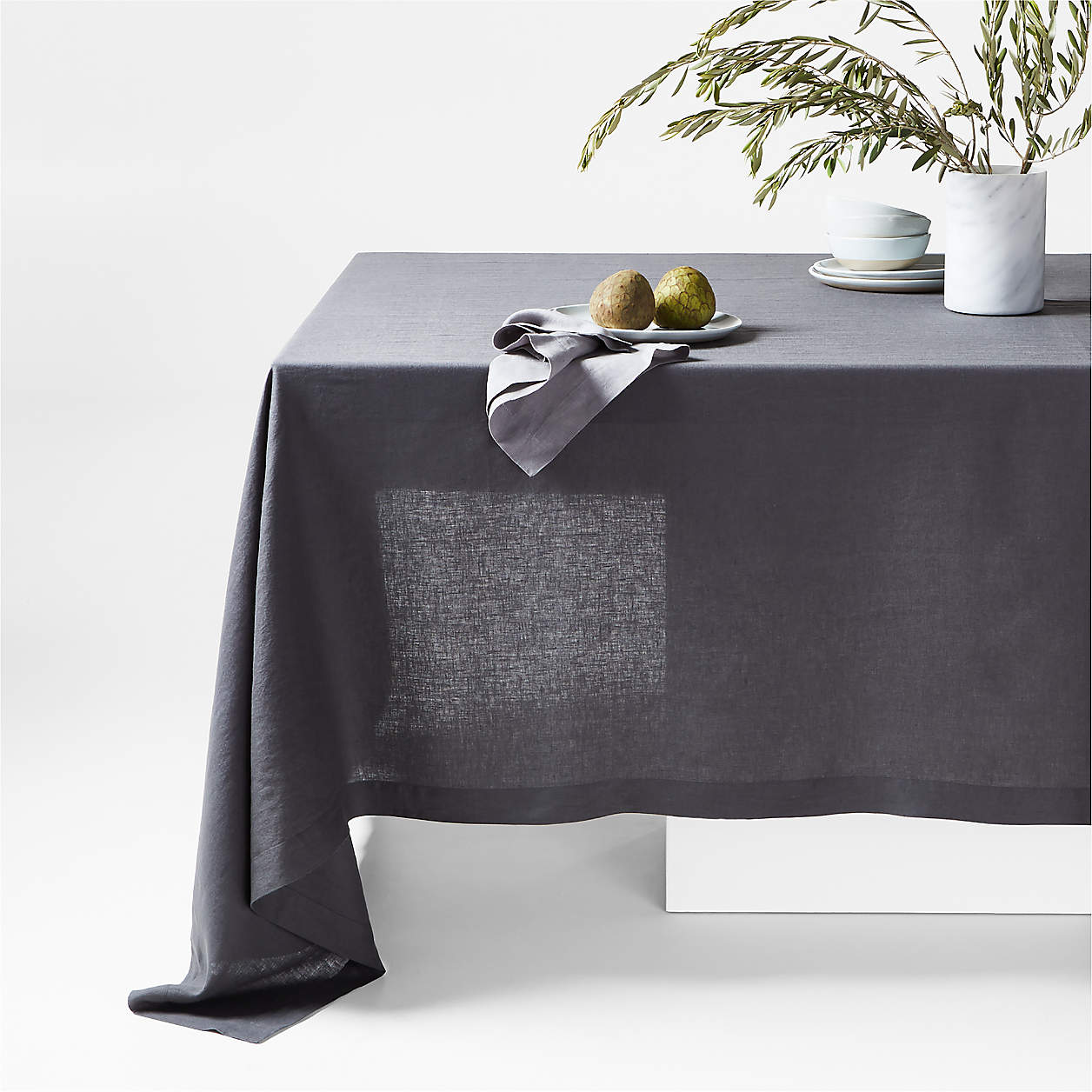 Marin Oversized Linen Storm Grey Tablecloth 104"x144" | Crate & Barrel