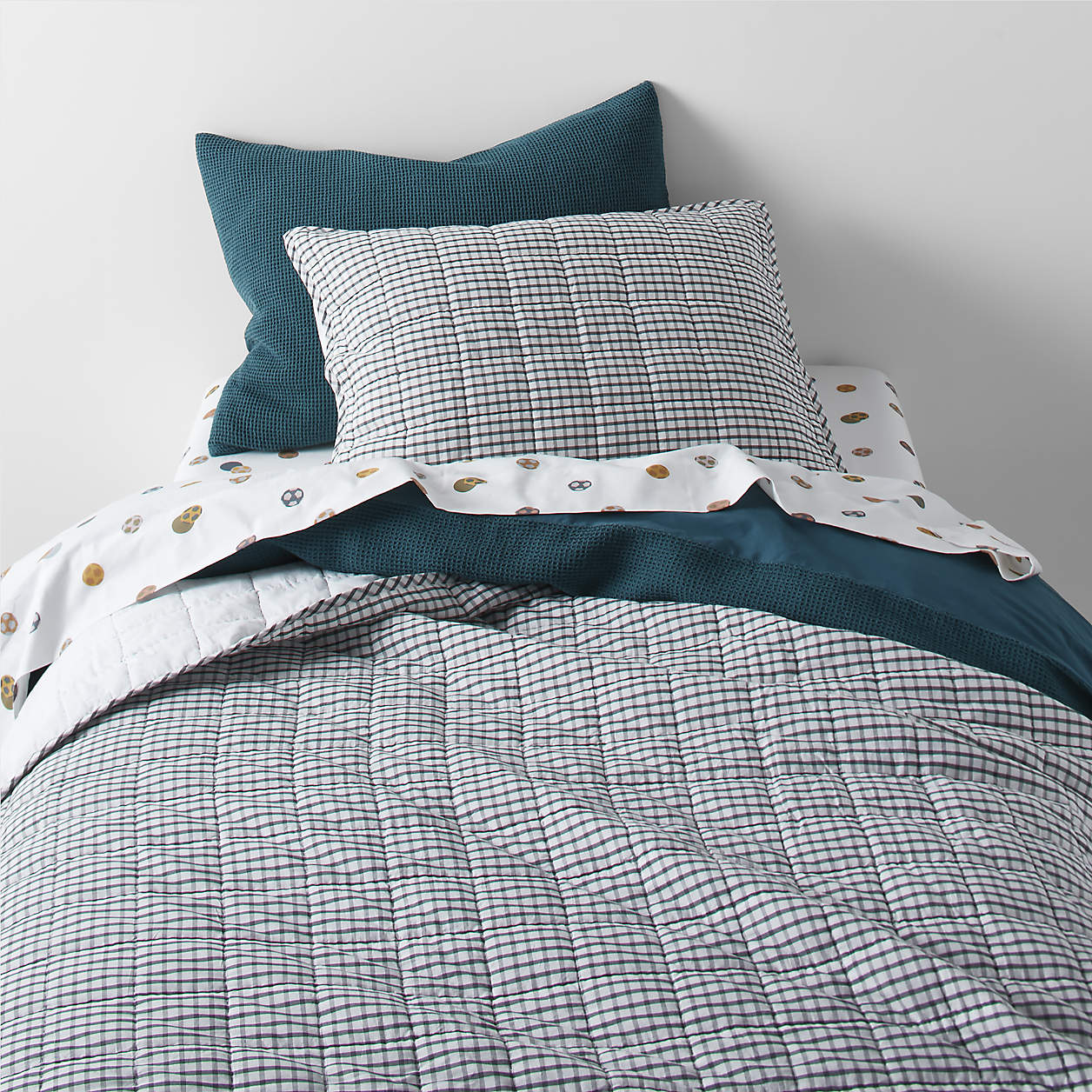 Kids Grey Windowpane Plaid Cotton Quilt Bedding Set | Crate & Kids