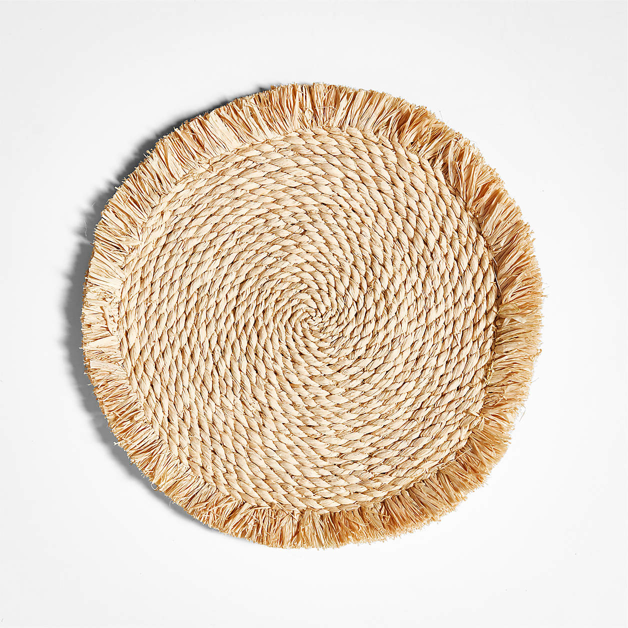 Obumu Braided Raffia Round Placemat with Fringe | Crate & Barrel