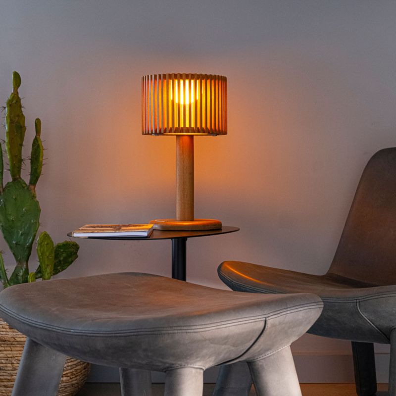 Pixy Natural Teak LED Solar Outdoor Table Lamp | Crate & Barrel