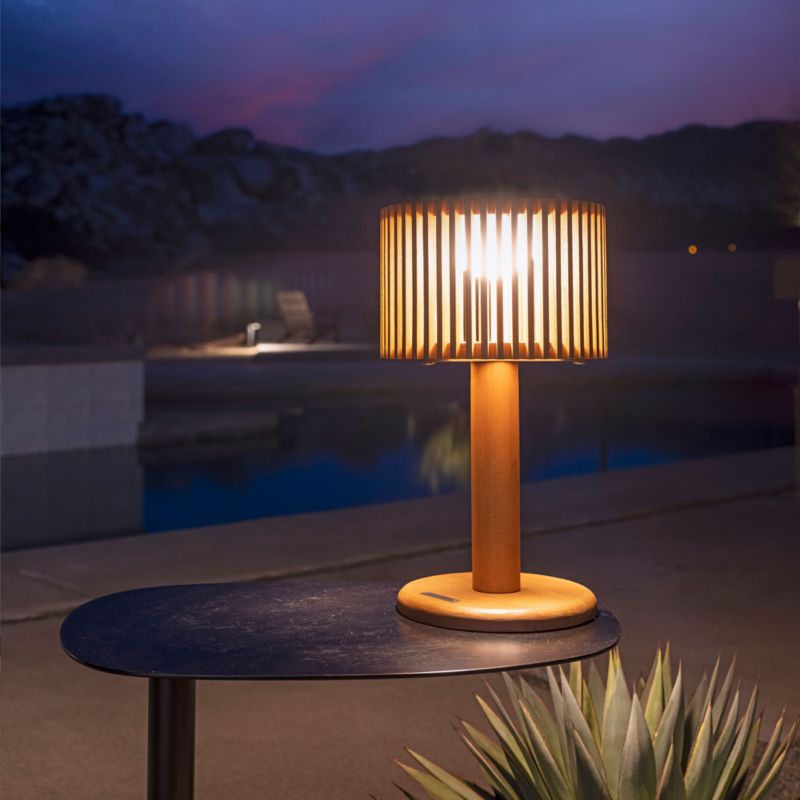 Pixy Natural Teak LED Solar Outdoor Table Lamp | Crate & Barrel