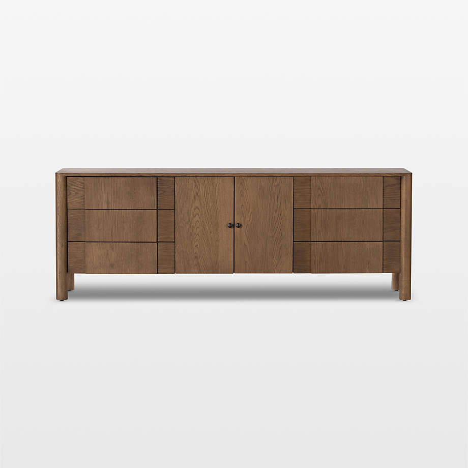 Pollard 78" Tan Oak Wood Storage Media Console | Crate & Barrel