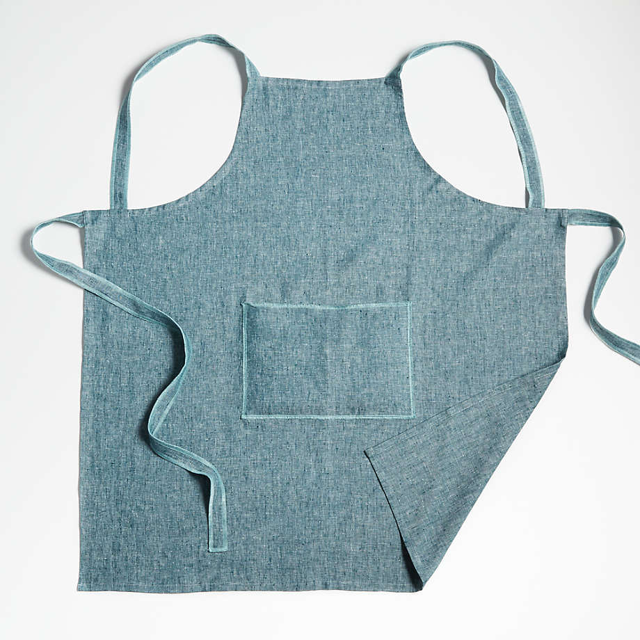 Serged Linen Teal Apron with Pocket + Reviews | Crate and Barrel