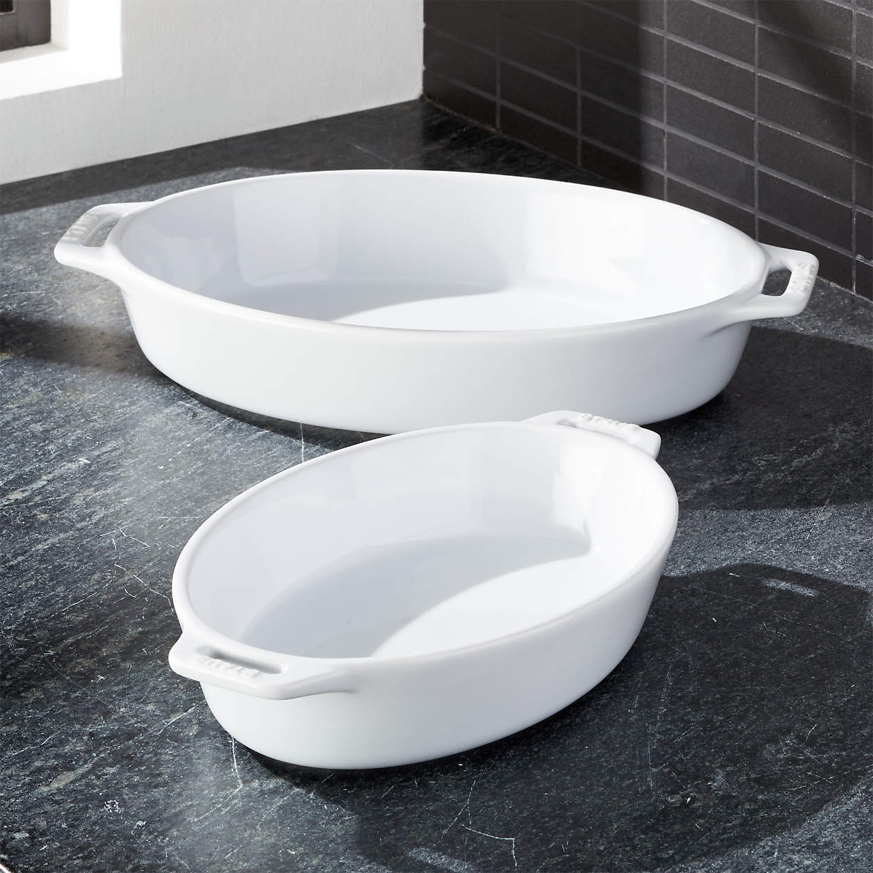 Staub White 2-Piece Oval Baker Set + Reviews | Crate & Barrel