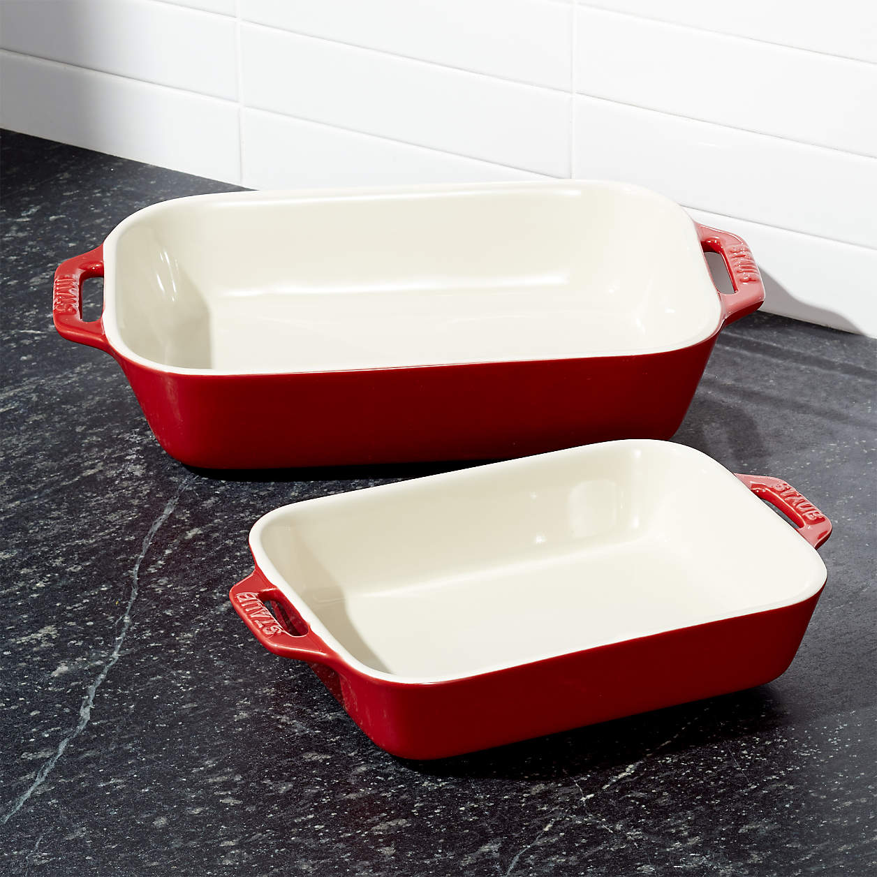 Staub Cherry 2-Piece Rectangular Baker Set + Reviews | Crate & Barrel